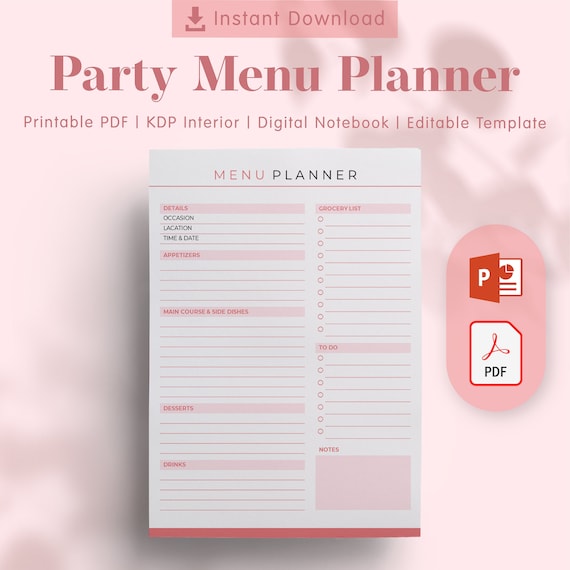 Party Menu Planner Template KDP Interiors Editable - Etsy