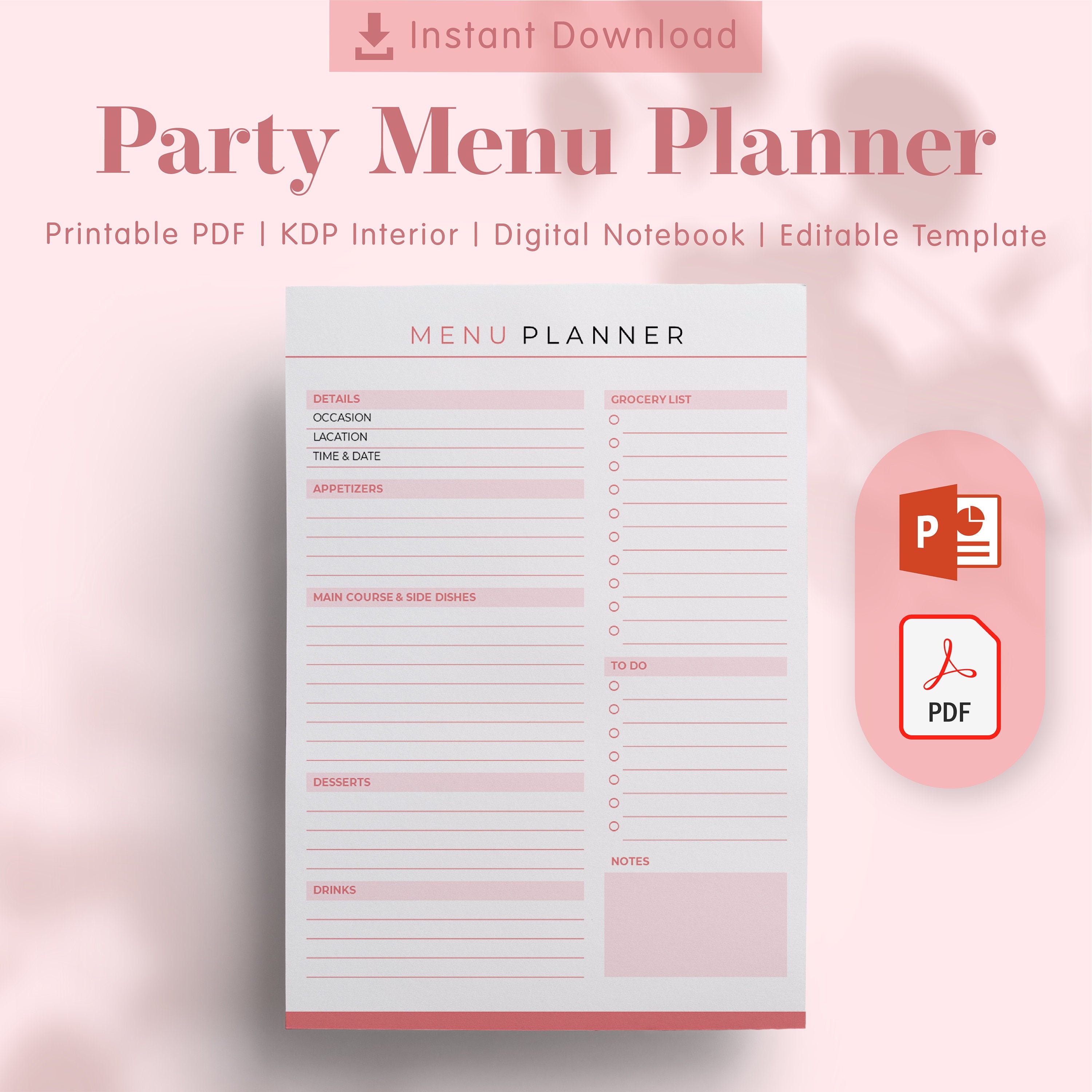 Party Menu Planner Template - KDP Interiors Editable, Printable PDF ...