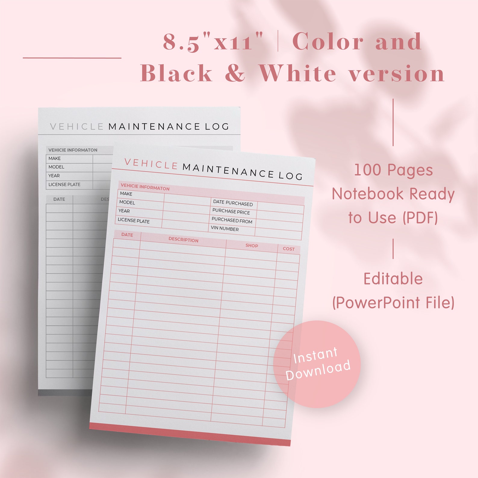 Vehicle Maintenance Log Planner Template - KDP Interiors Editable ...