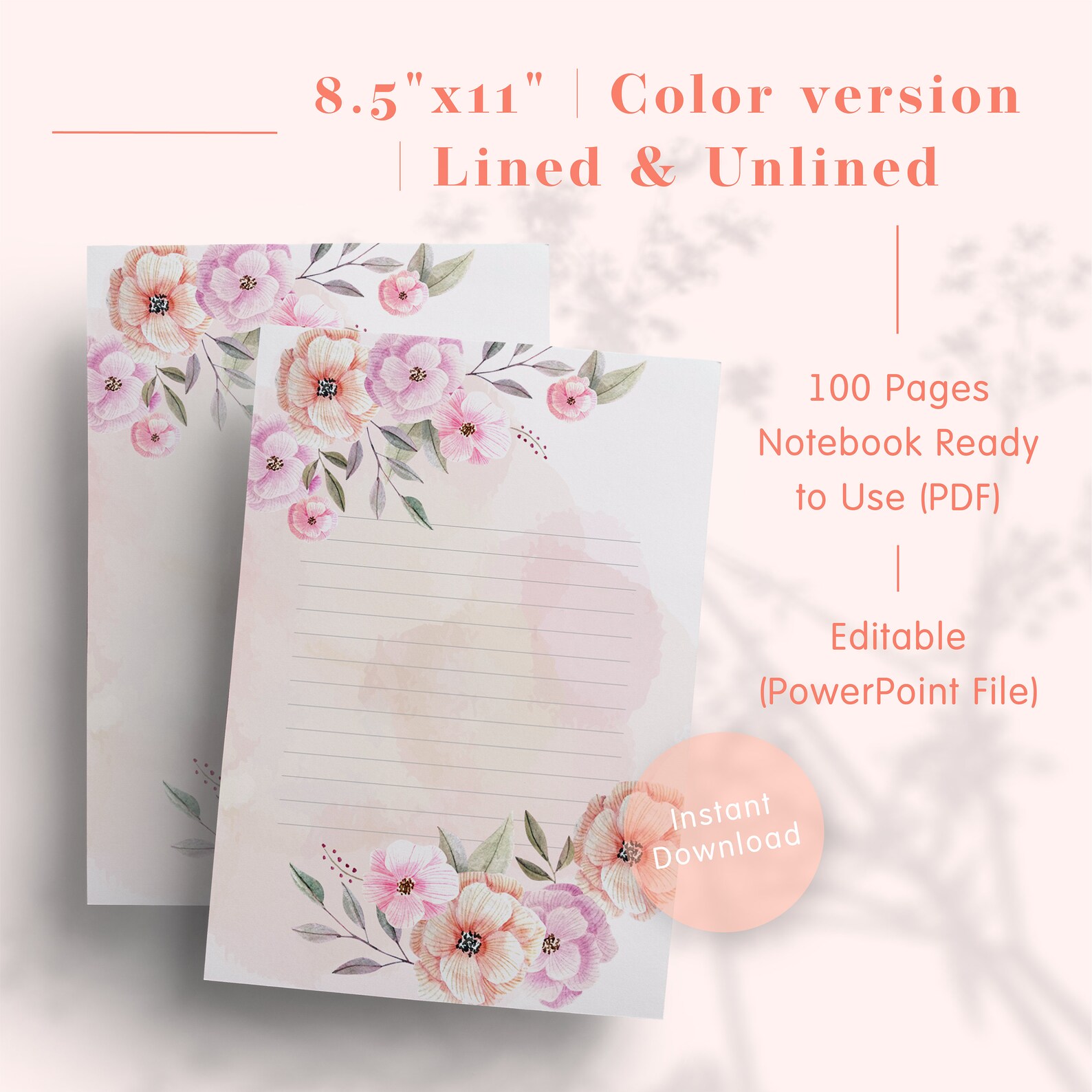 Watercolor Floral Printable Stationery 1 - Lined and Unlined ...