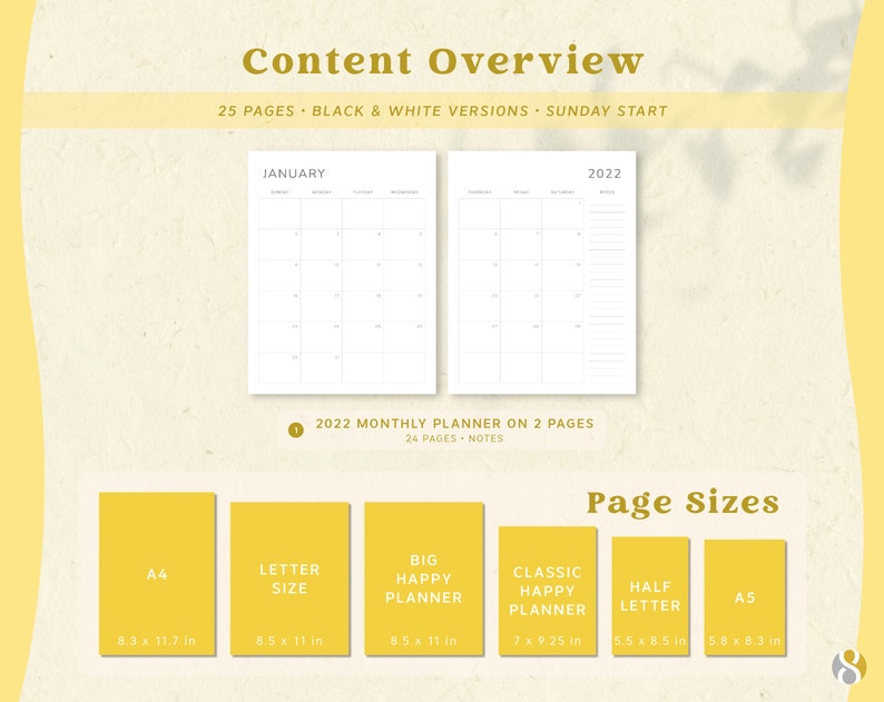 2022 Monthly Planner Printable Dated Month on 2 Pages | Etsy