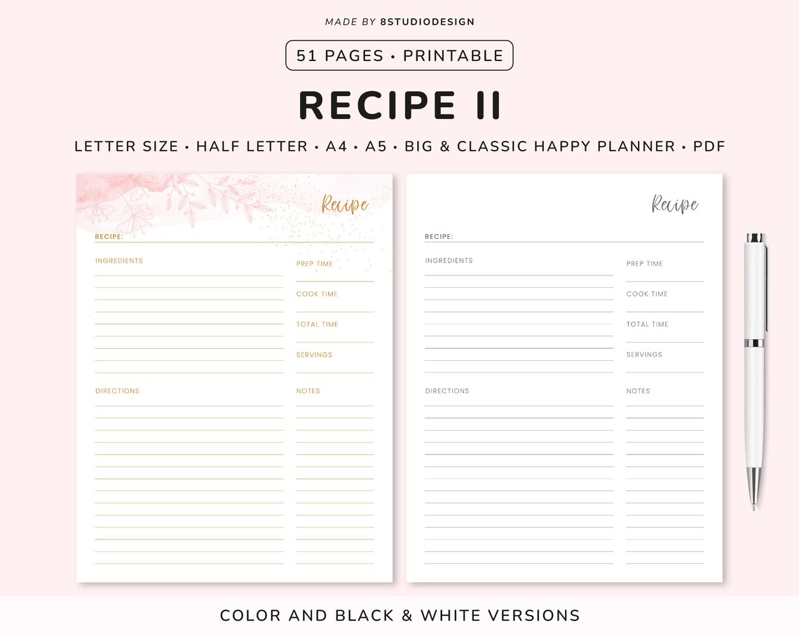 Recipe Planner Printable Recipe Card Recipe Template - Etsy