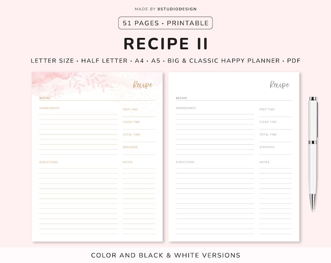 Printable Recipe Card Template, Instant Download, A5, Vintage ...