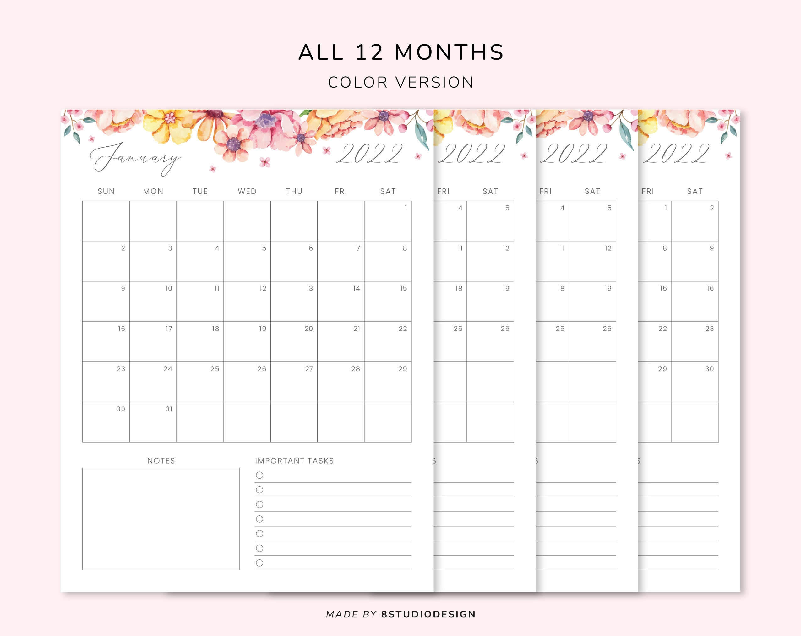 2022 Monthly Planner Printable, Dated Month on 1 Page, Monthly ...