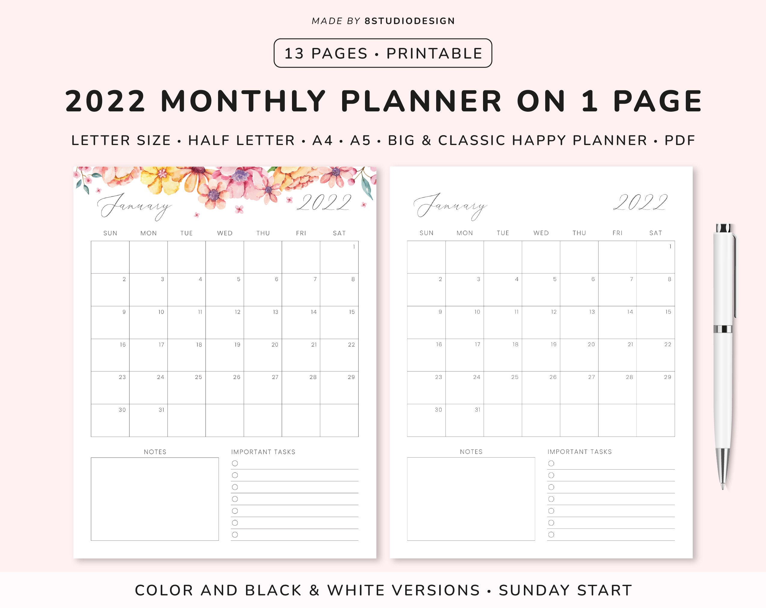 2022 Monthly Planner Printable, Dated Month on 1 Page, Monthly ...