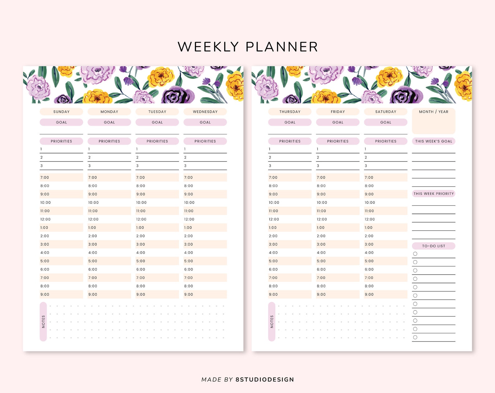 Weekly Planner Printable Floral - Weekly Schedule, to Do List, Undated ...
