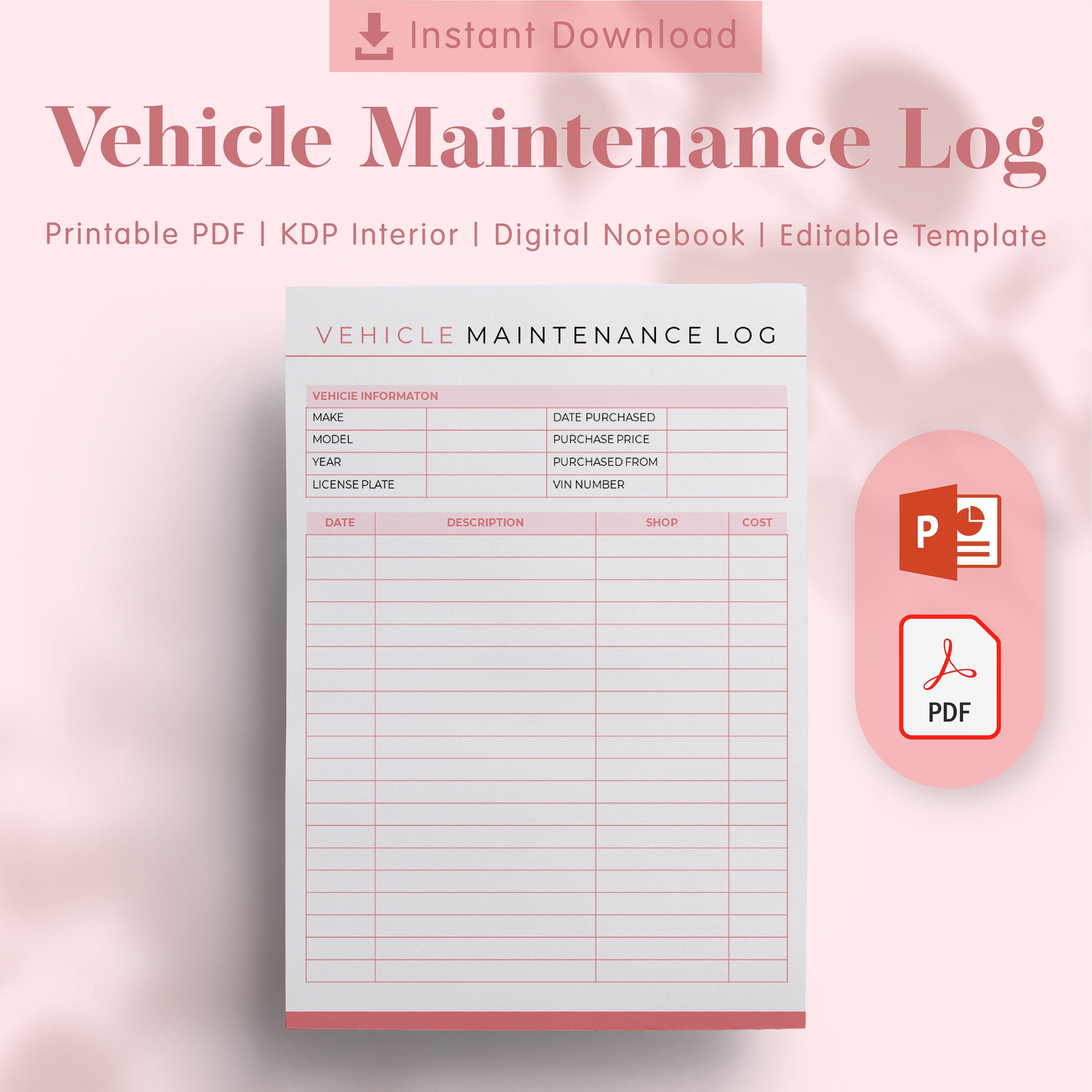 Vehicle Maintenance Log Planner Template - KDP Interiors Editable ...