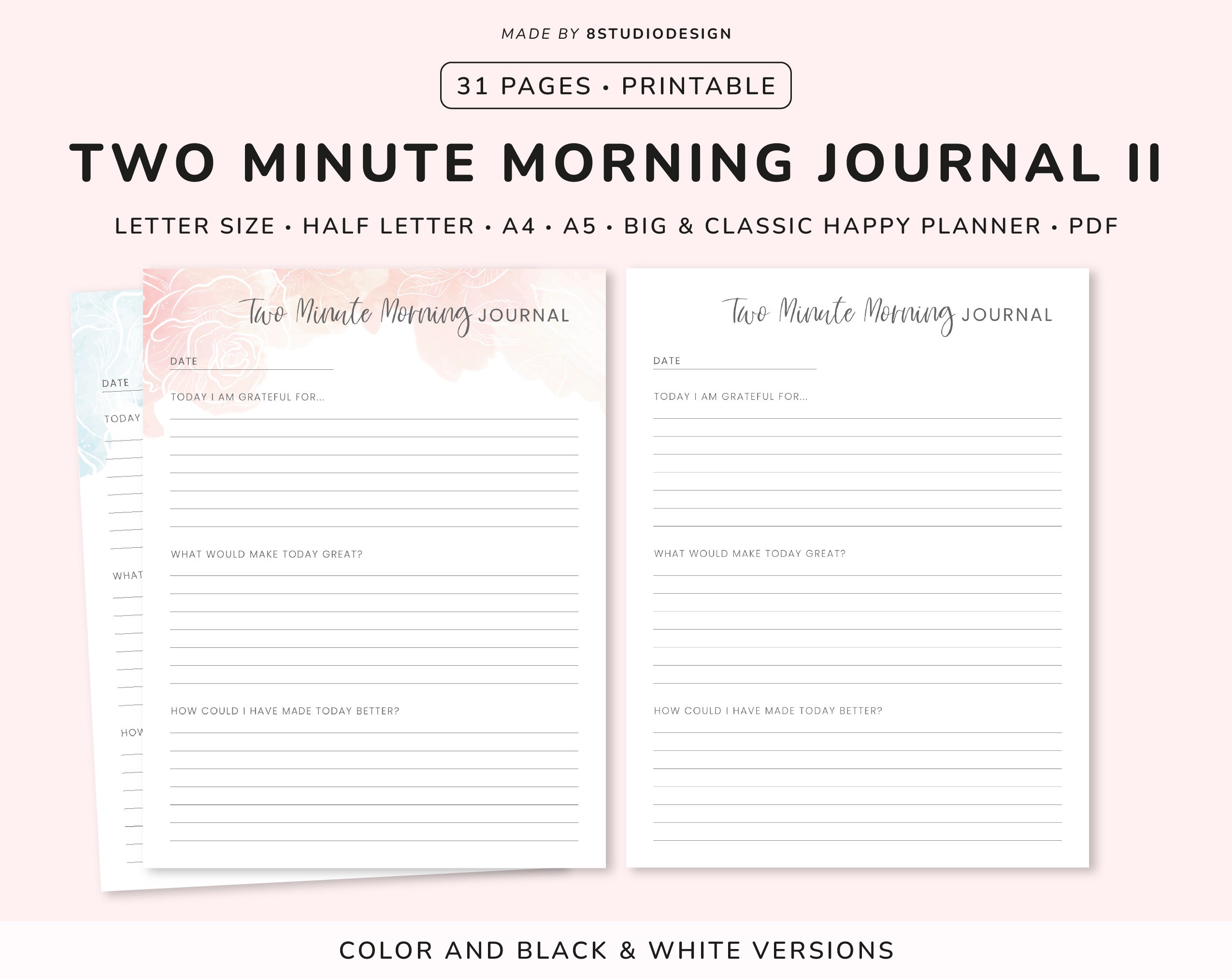 Two Minute Morning Journal - Planner Printable, Gratitude Journal ...