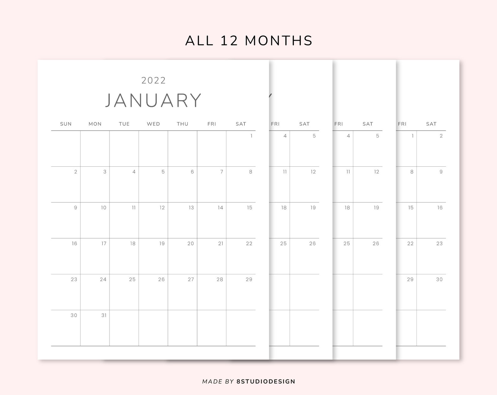 2022 Monthly Calendar Printable, Year Calendar Template, Minimalist ...