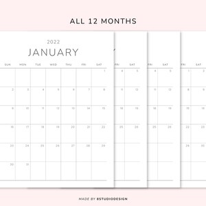 2022 Monthly Calendar Printable, Year Calendar Template, Minimalist ...