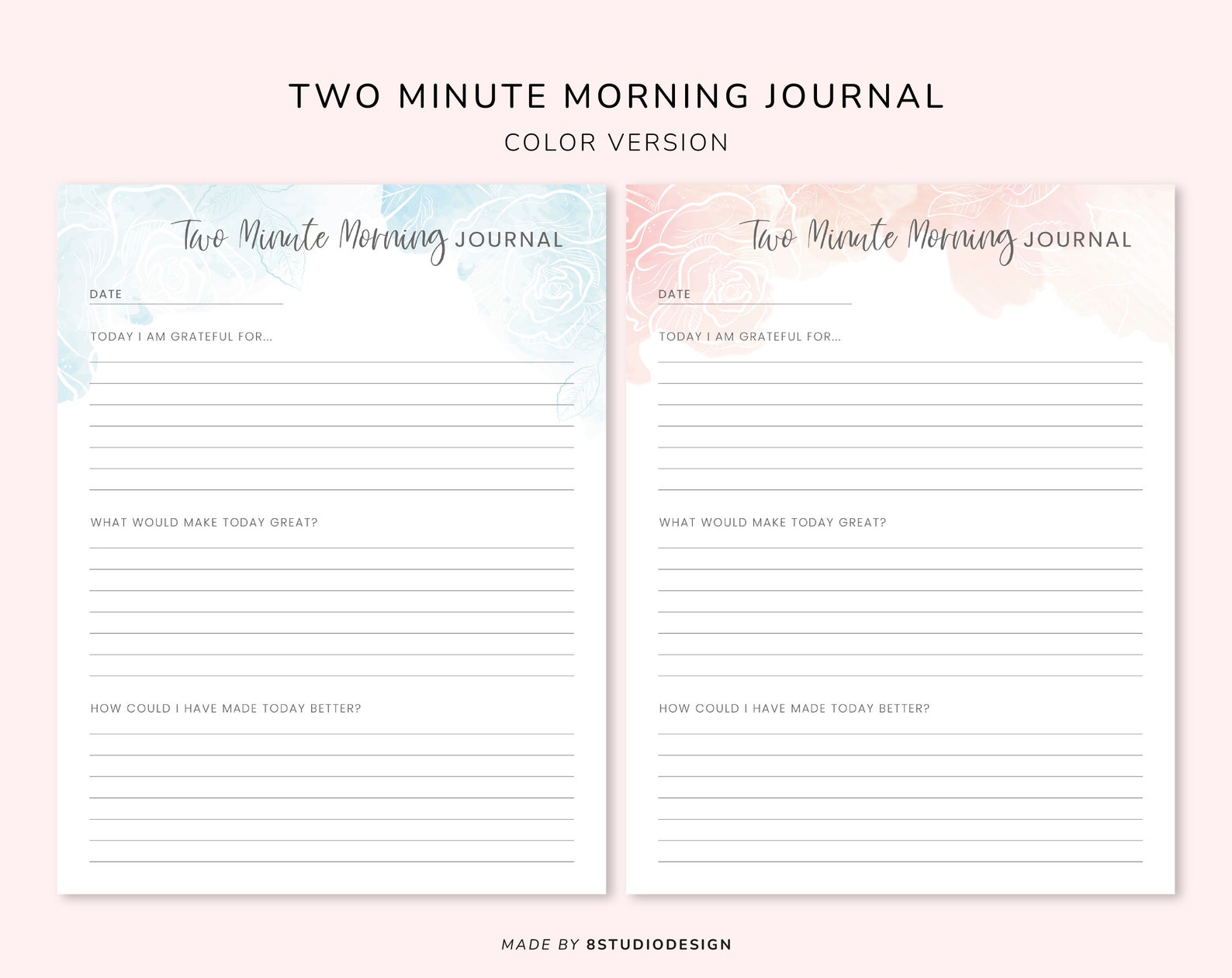 Two Minute Morning Journal Planner Printable, Gratitude Journal ...