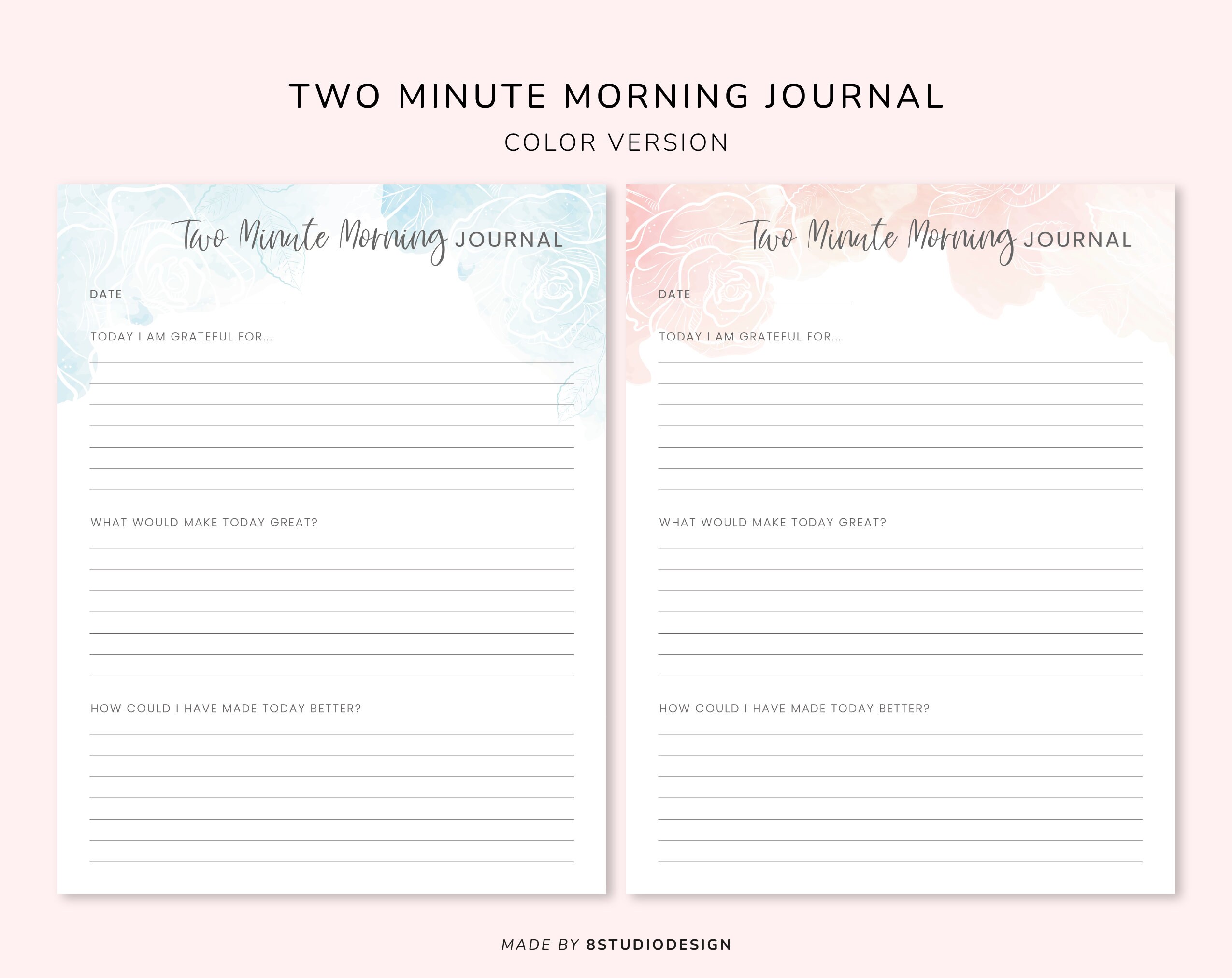 Two Minute Morning Journal Planner Printable, Gratitude Journal ...