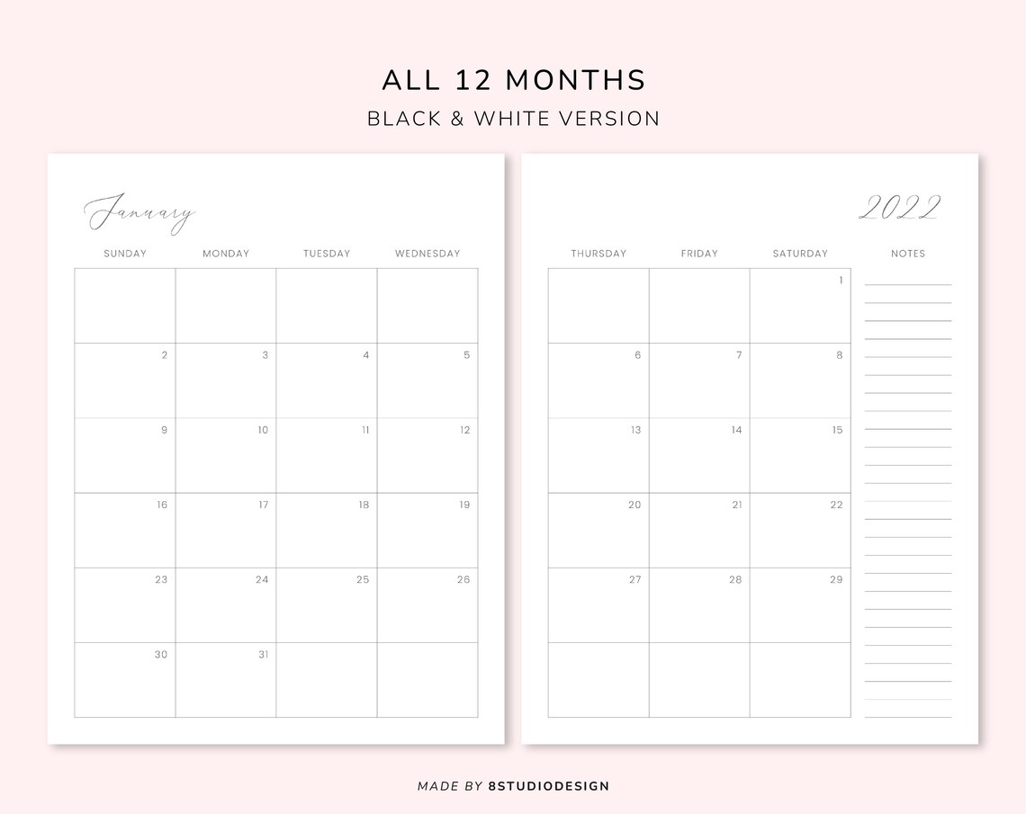 2022 Monthly Planner Printable, Dated Month on 2 Pages, Monthly ...