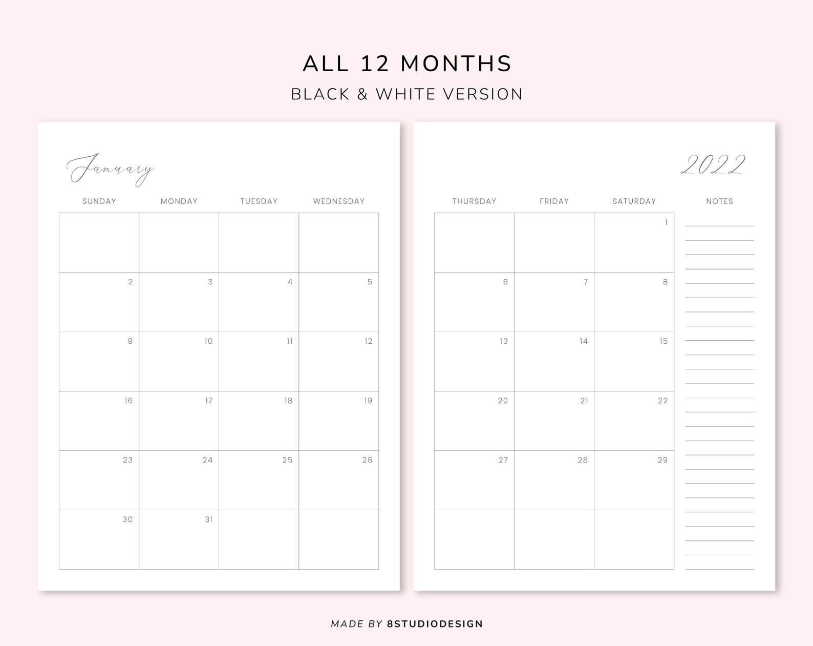 2022 Monthly Planner Printable, Dated Month on 2 Pages, Monthly ...