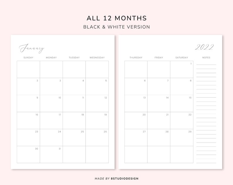 2022 Monthly Planner Printable, Dated Month on 2 Pages, Monthly ...