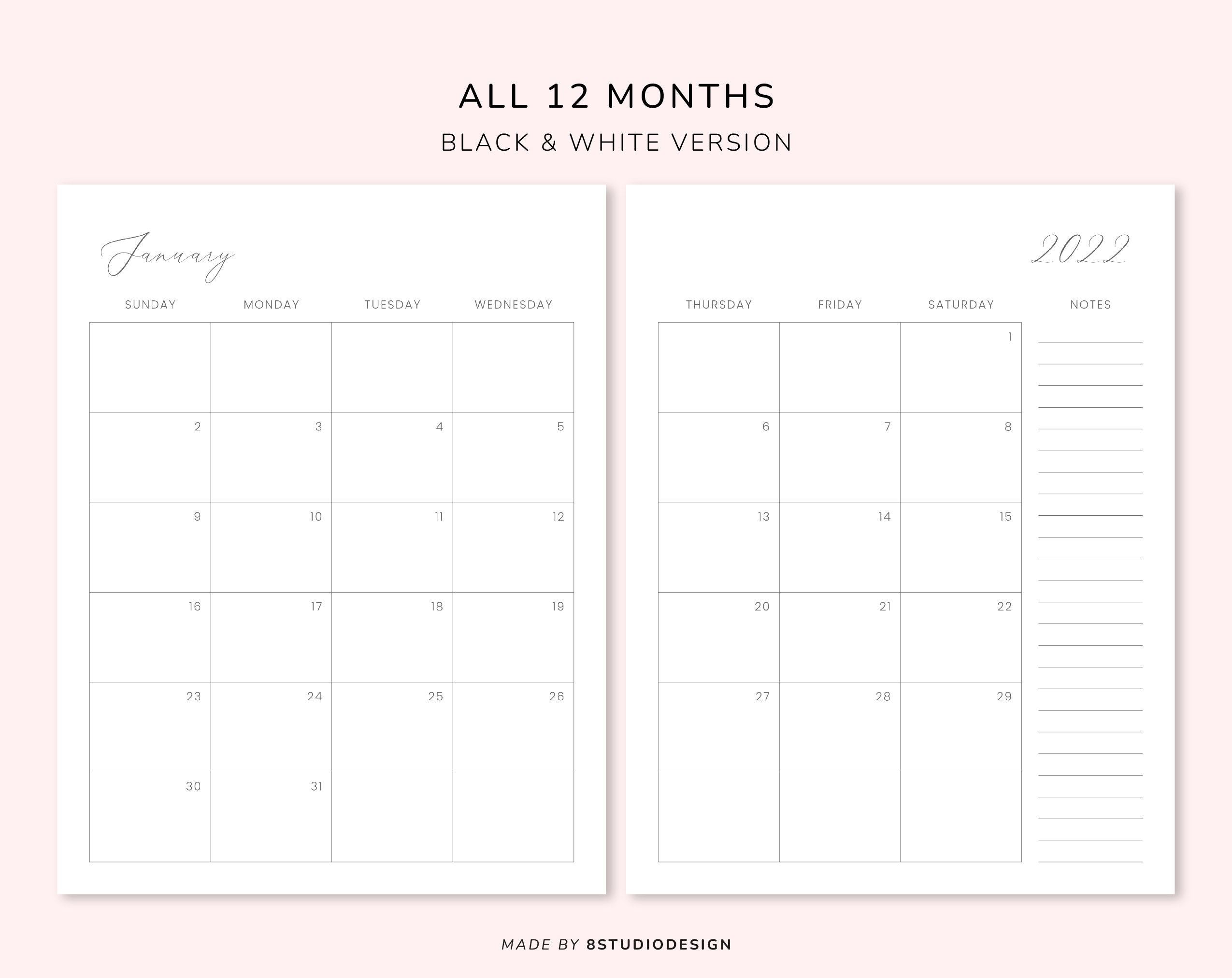 2022 Monthly Planner Printable, Dated Month on 2 Pages, Monthly ...