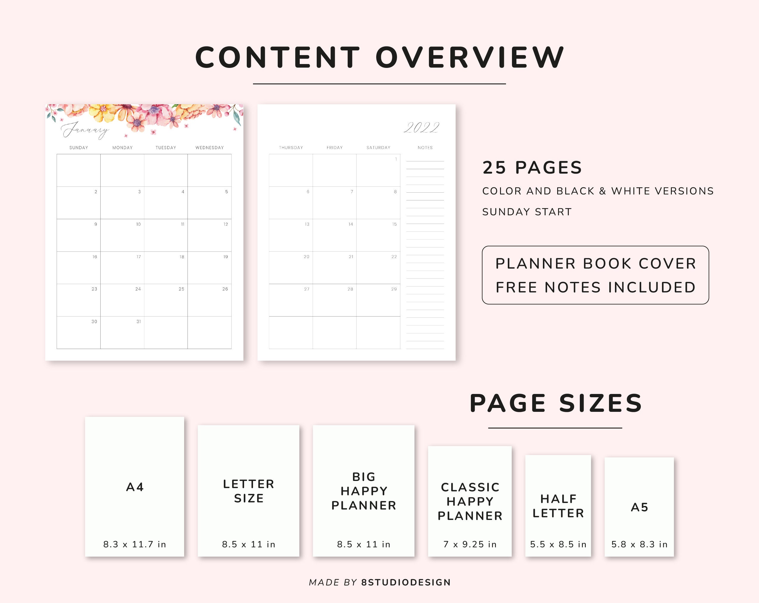 2022 Monthly Planner Printable, Dated Month on 2 Pages, Monthly ...