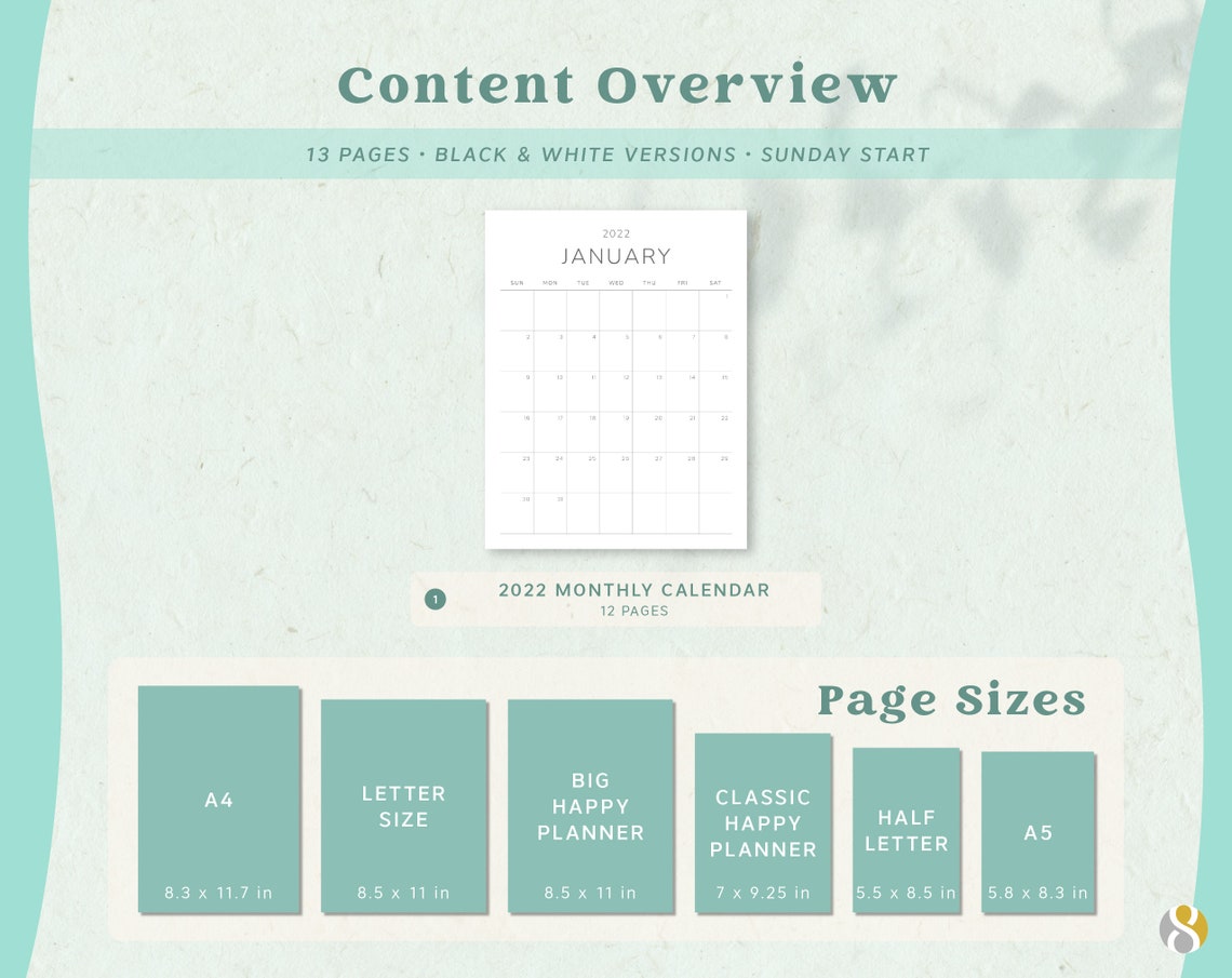 2022 Monthly Calendar Printable Year Calendar Template | Etsy