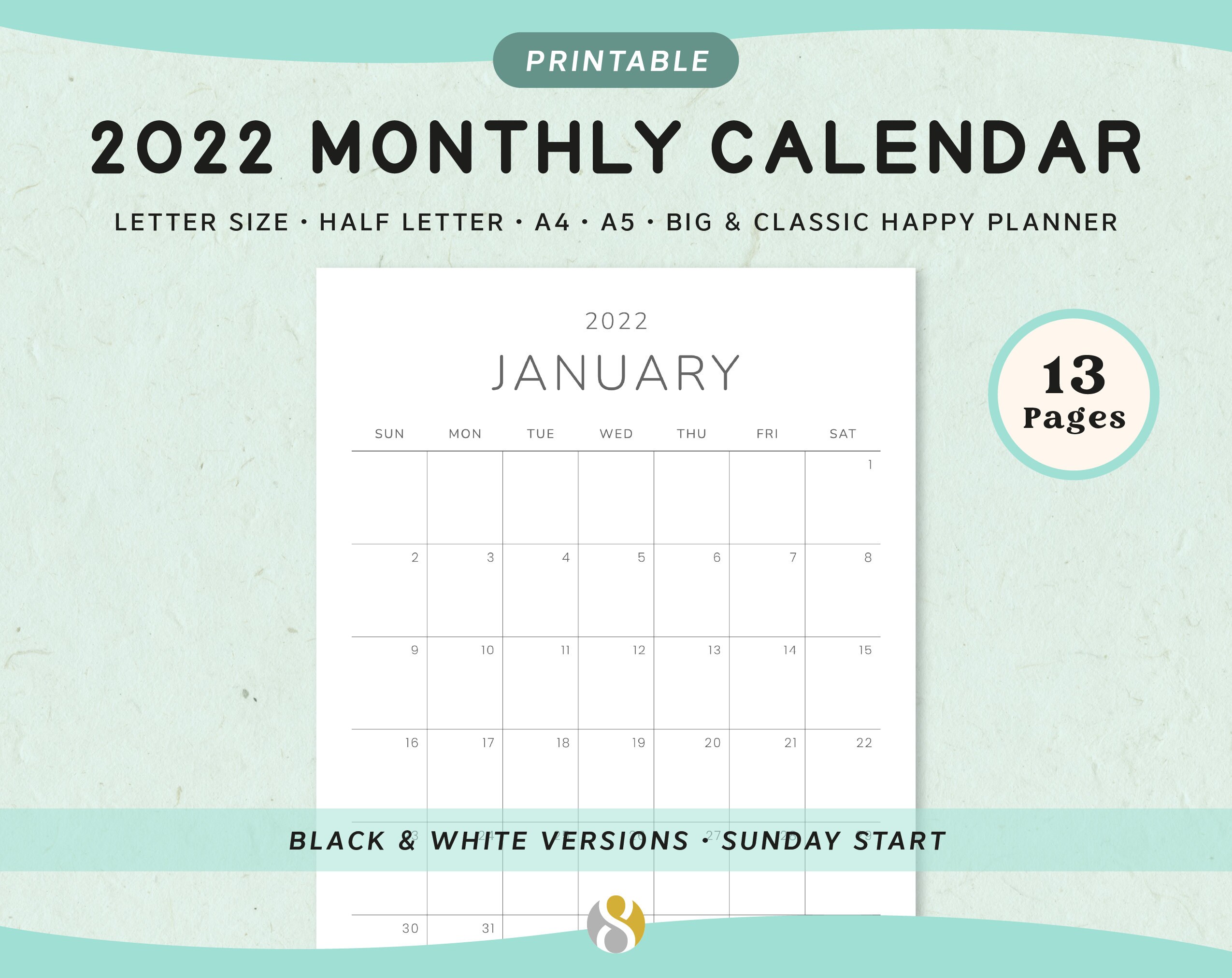 2022 Monthly Calendar Printable Year Calendar Template | Etsy