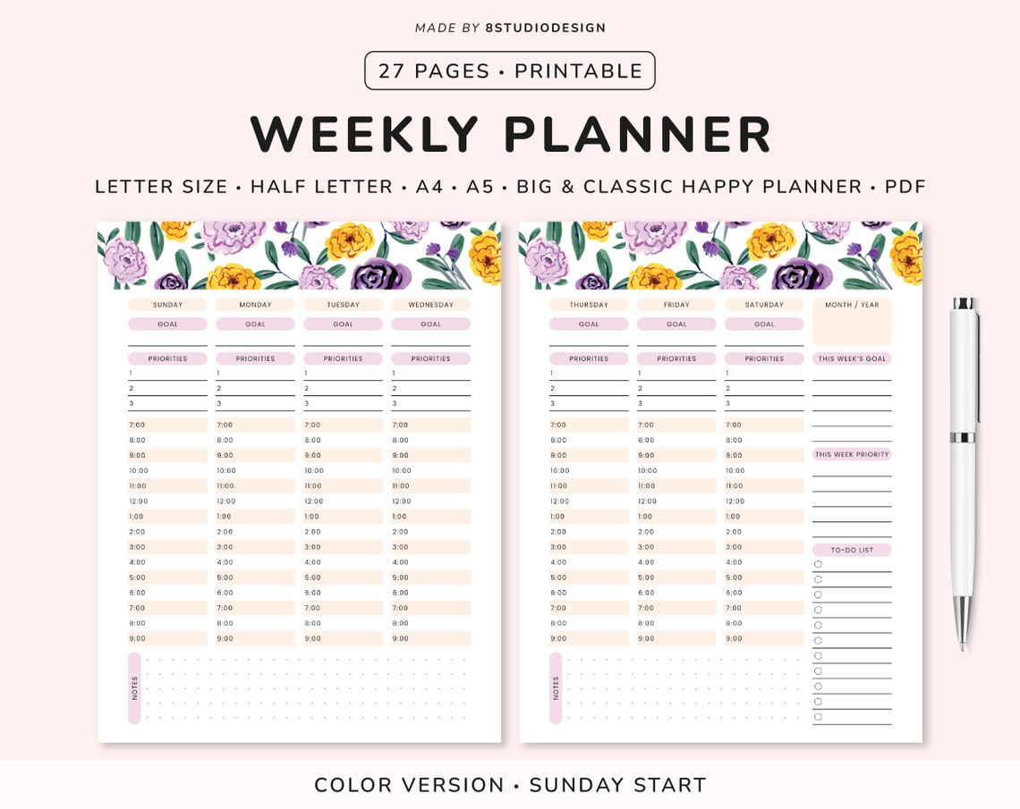 Weekly Planner Printable Floral - Weekly Schedule, to Do List, Undated ...