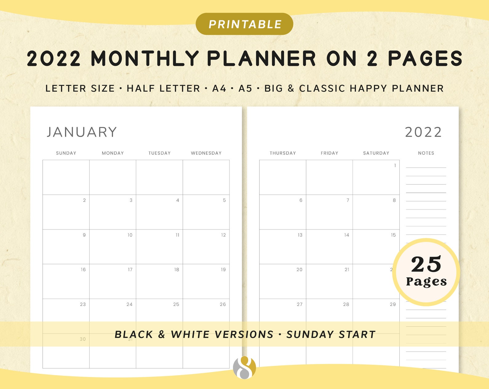 2022 Monthly Planner Printable Dated Month on 2 Pages | Etsy