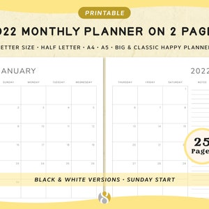 2022 Monthly Planner Printable Dated Month on 2 Pages | Etsy