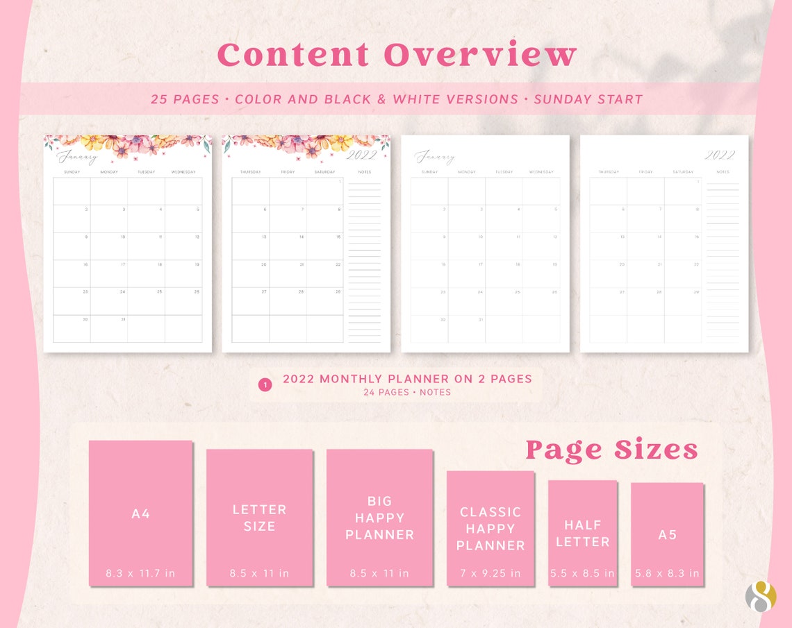 2022 Monthly Planner Printable Dated Month on 2 Pages | Etsy