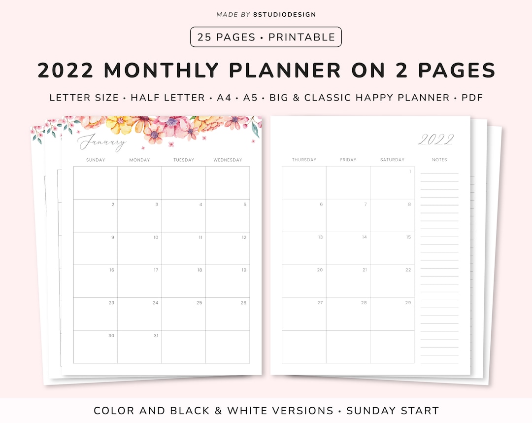 2022 Monthly Planner Printable, Dated Month on 2 Pages, Monthly ...