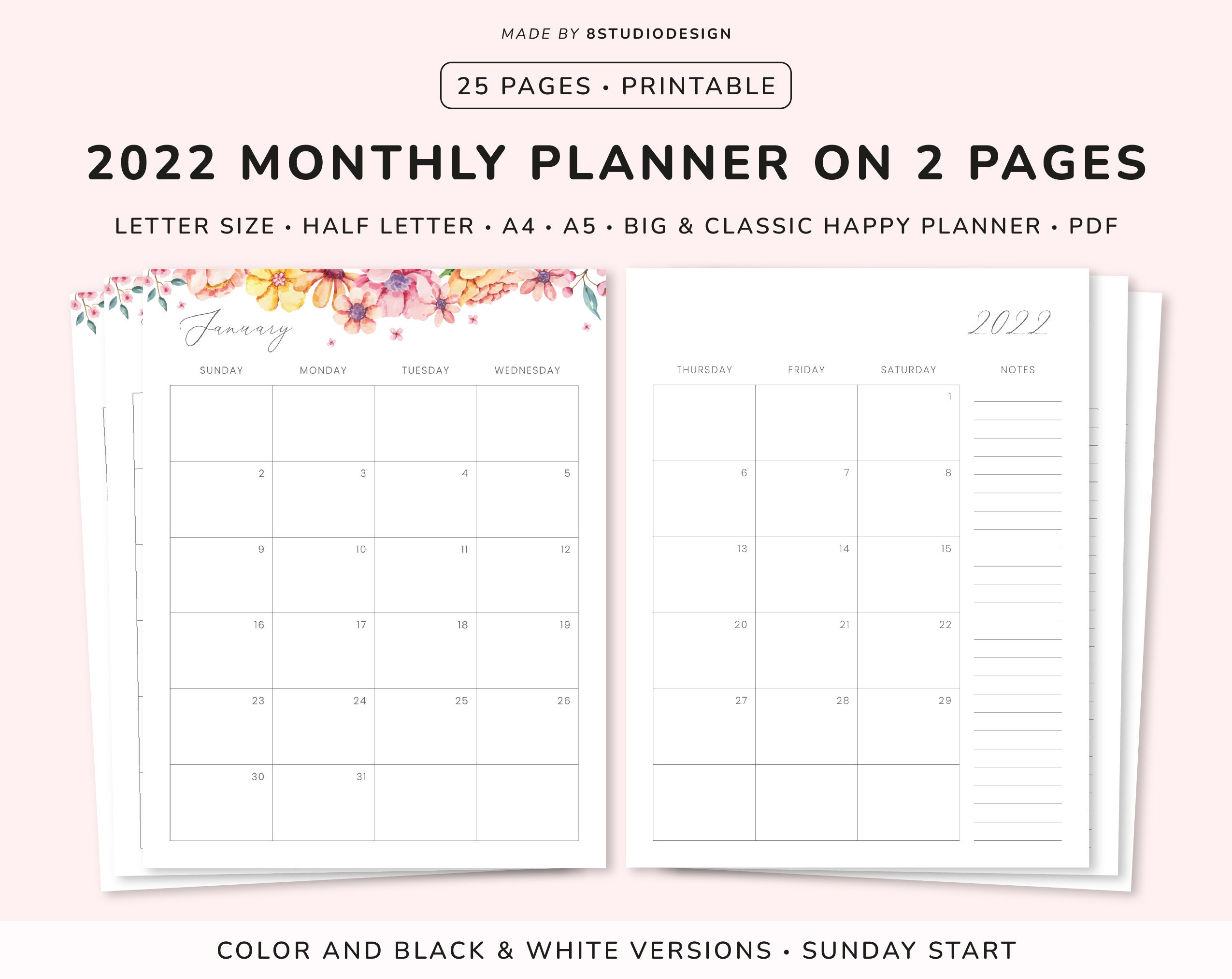2022 Monthly Planner Printable, Dated Month on 2 Pages, Monthly ...