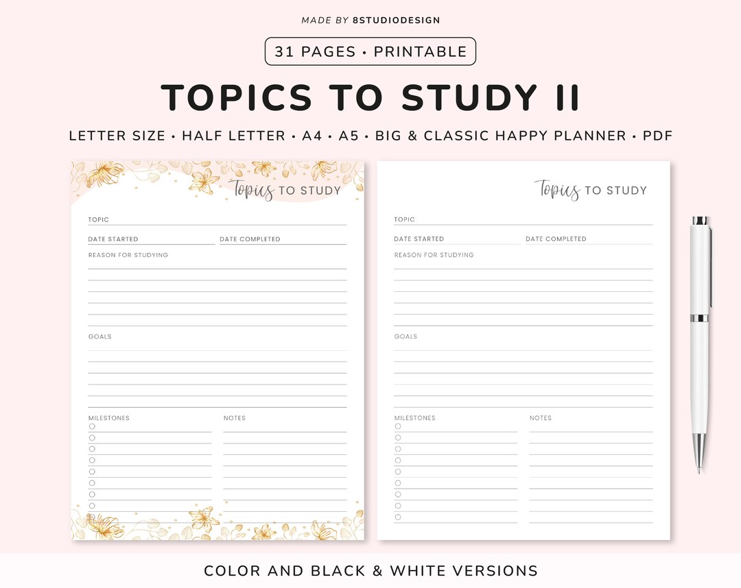 Topics to Study - Planner Printable, Student Planner, College Planner ...