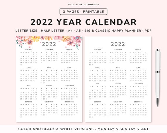 2022 Year Calendar Printable Yearly Wall Calendar Desk | Etsy