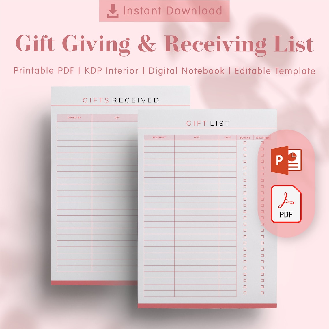 Gift Giving & Receiving List - KDP Interiors Editable, Printable PDF ...