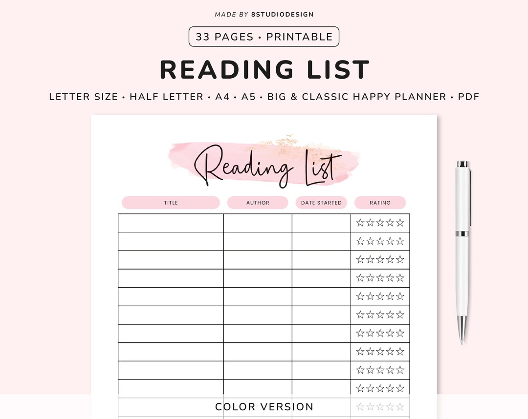 Reading List - Planner Printable, Reading Tracker, Reading Journal ...