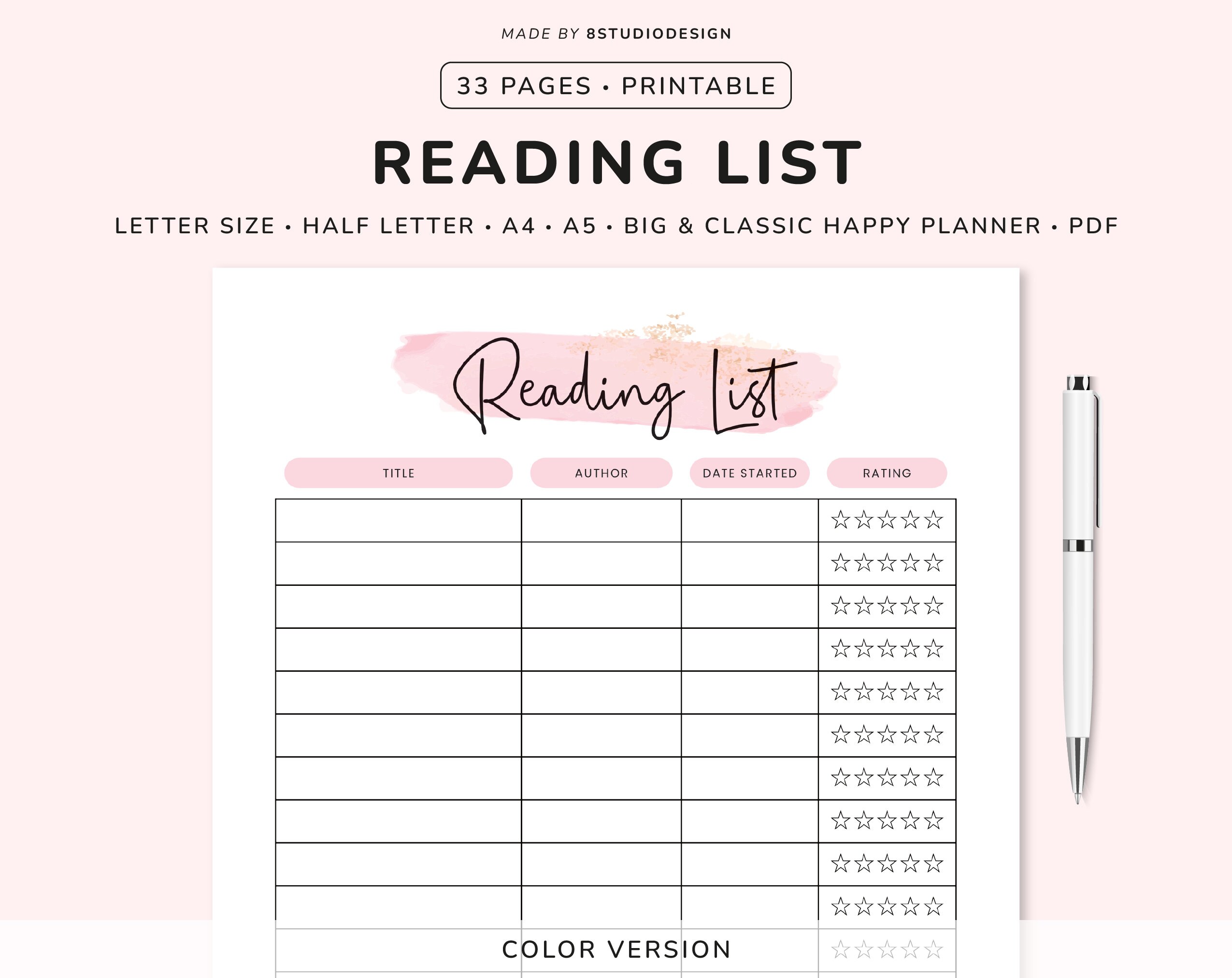 Reading List - Planner Printable, Reading Tracker, Reading Journal ...