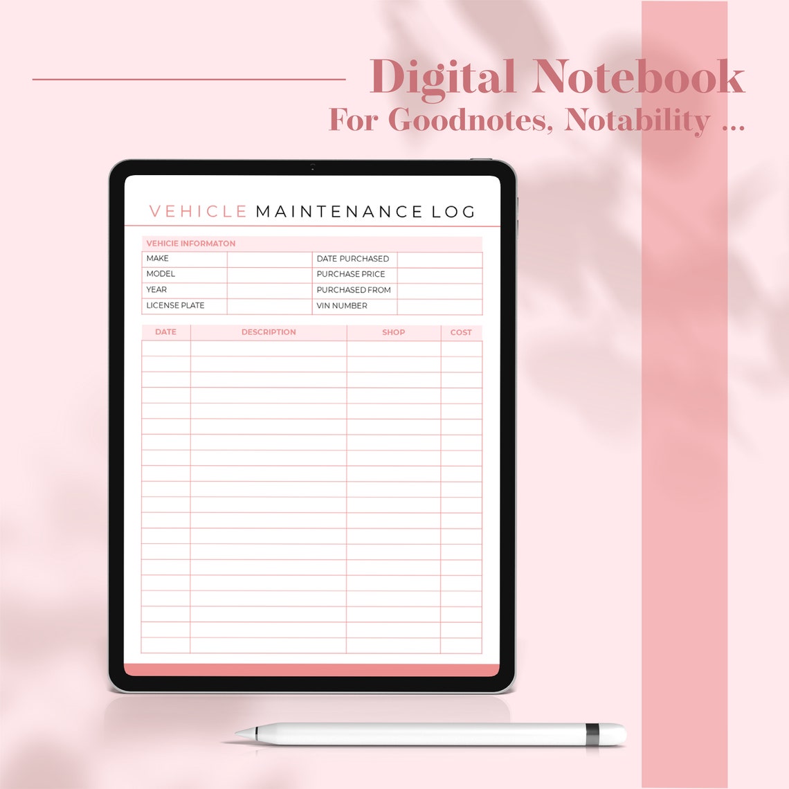 Vehicle Maintenance Log Planner Template - KDP Interiors Editable ...