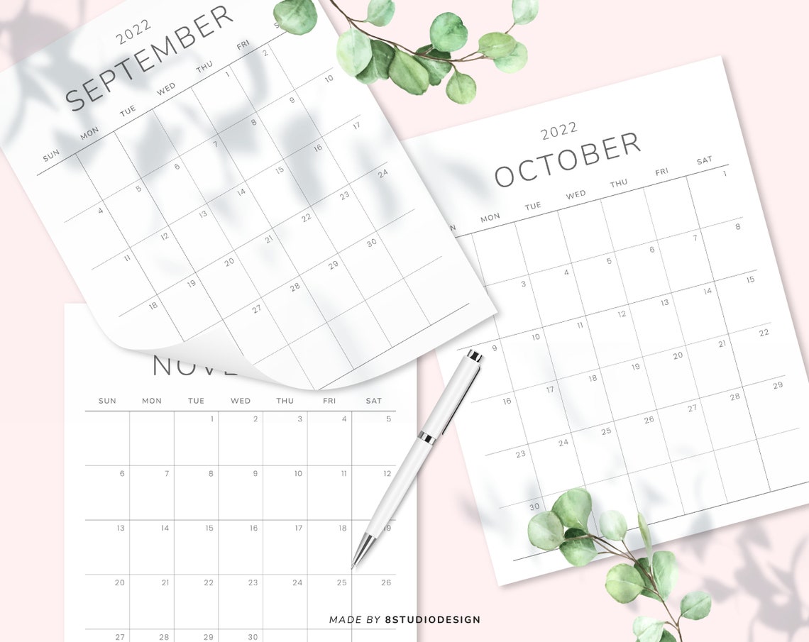 2022 Monthly Calendar Printable Year Calendar Template - Etsy