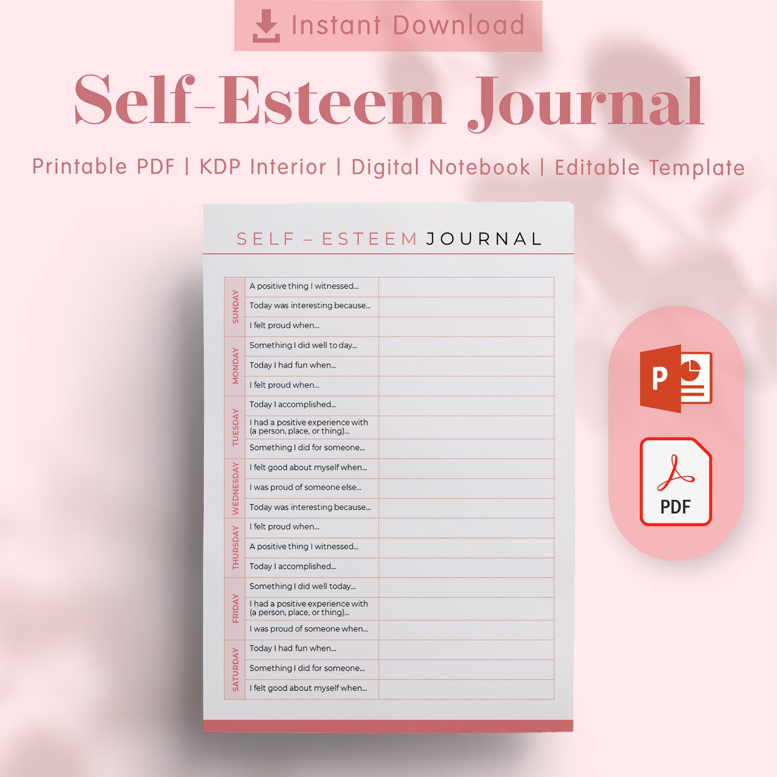 Self-esteem Journal Planner Template - KDP Interiors Editable ...