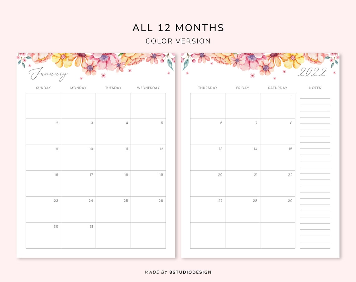 2022 Monthly Planner Printable, Dated Month on 2 Pages, Monthly ...