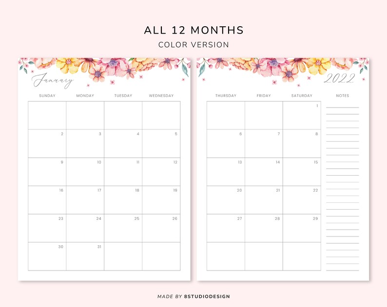 2022 Monthly Planner Printable, Dated Month on 2 Pages, Monthly ...