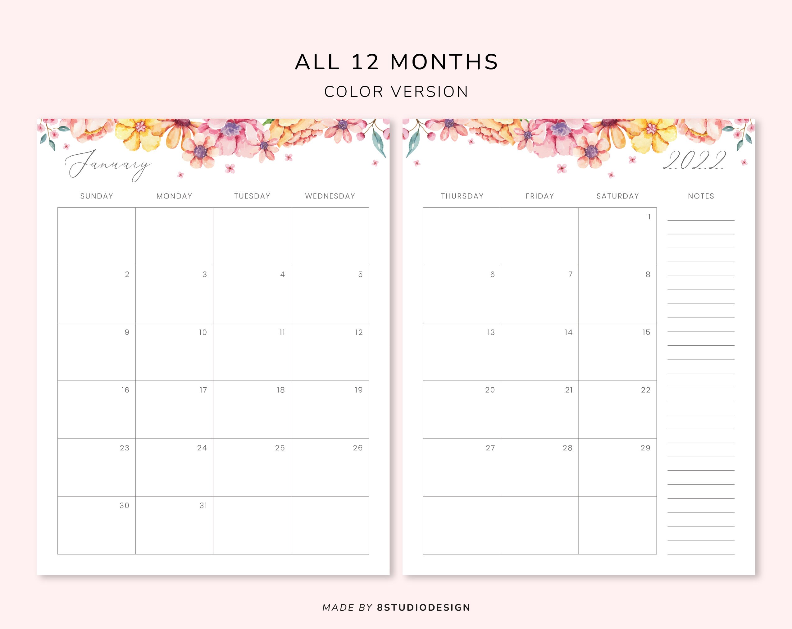 2022 Monthly Planner Printable, Dated Month on 2 Pages, Monthly ...
