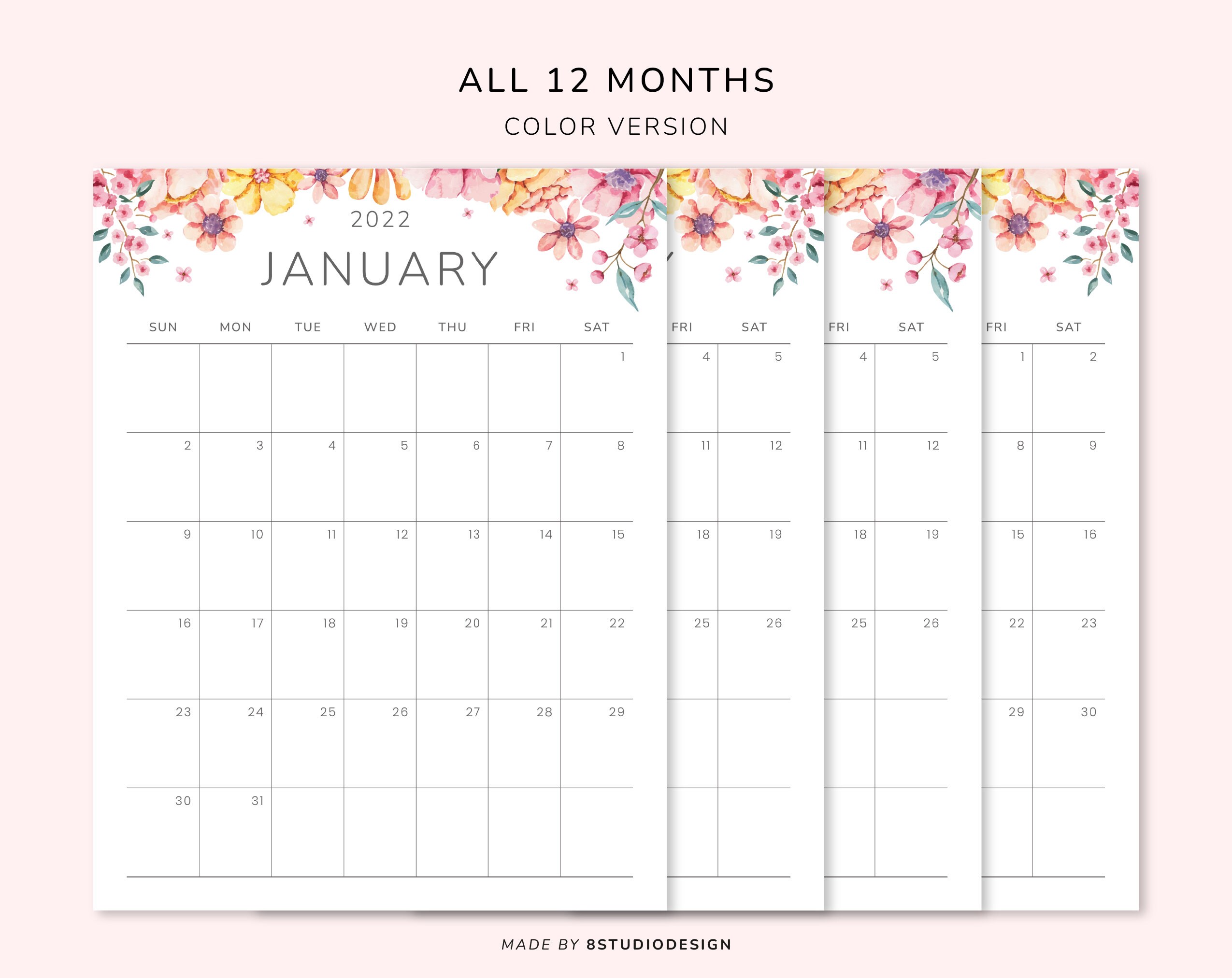 2022 Monthly Calendar Printable, Year Calendar Template, Wall Calendar ...