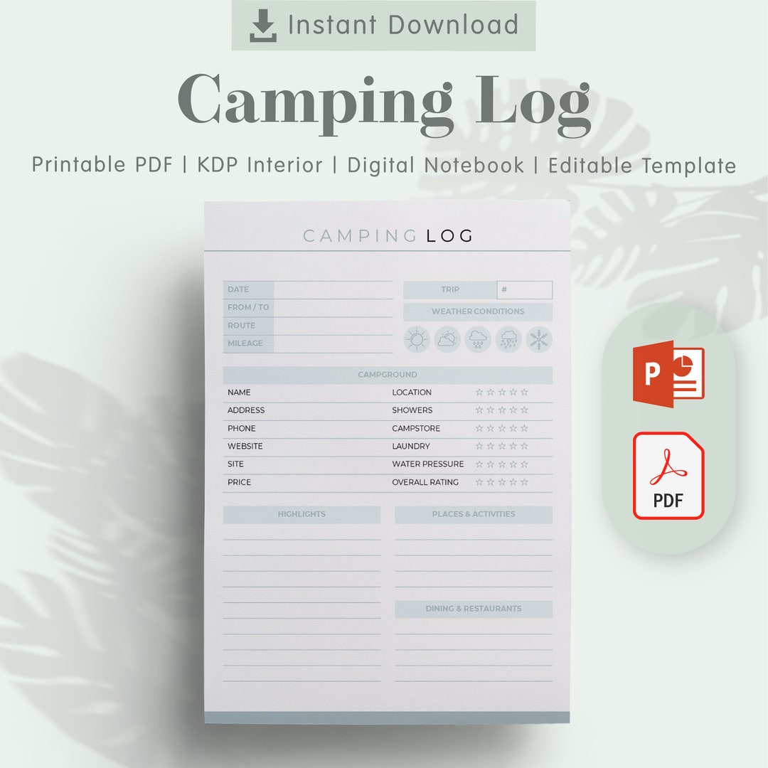 Camping Log Planner Template - KDP Interiors Editable, Printable PDF ...