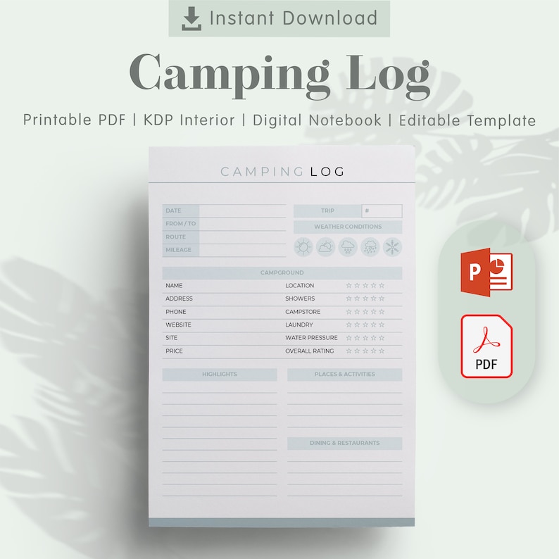 Camping Log Planner Template KDP Interiors Editable, Printable PDF ...