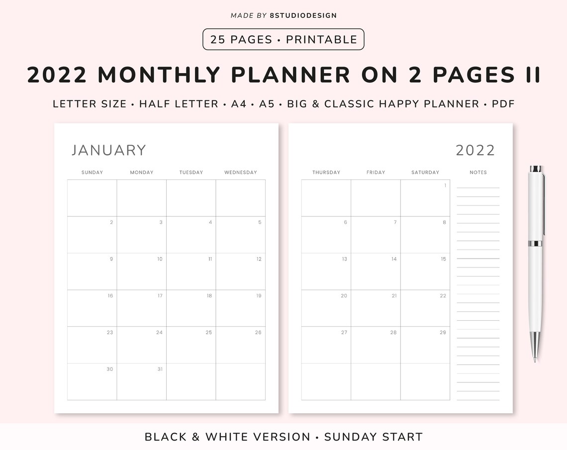 2022 Monthly Planner Printable, Dated Month on 2 Pages, Monthly ...