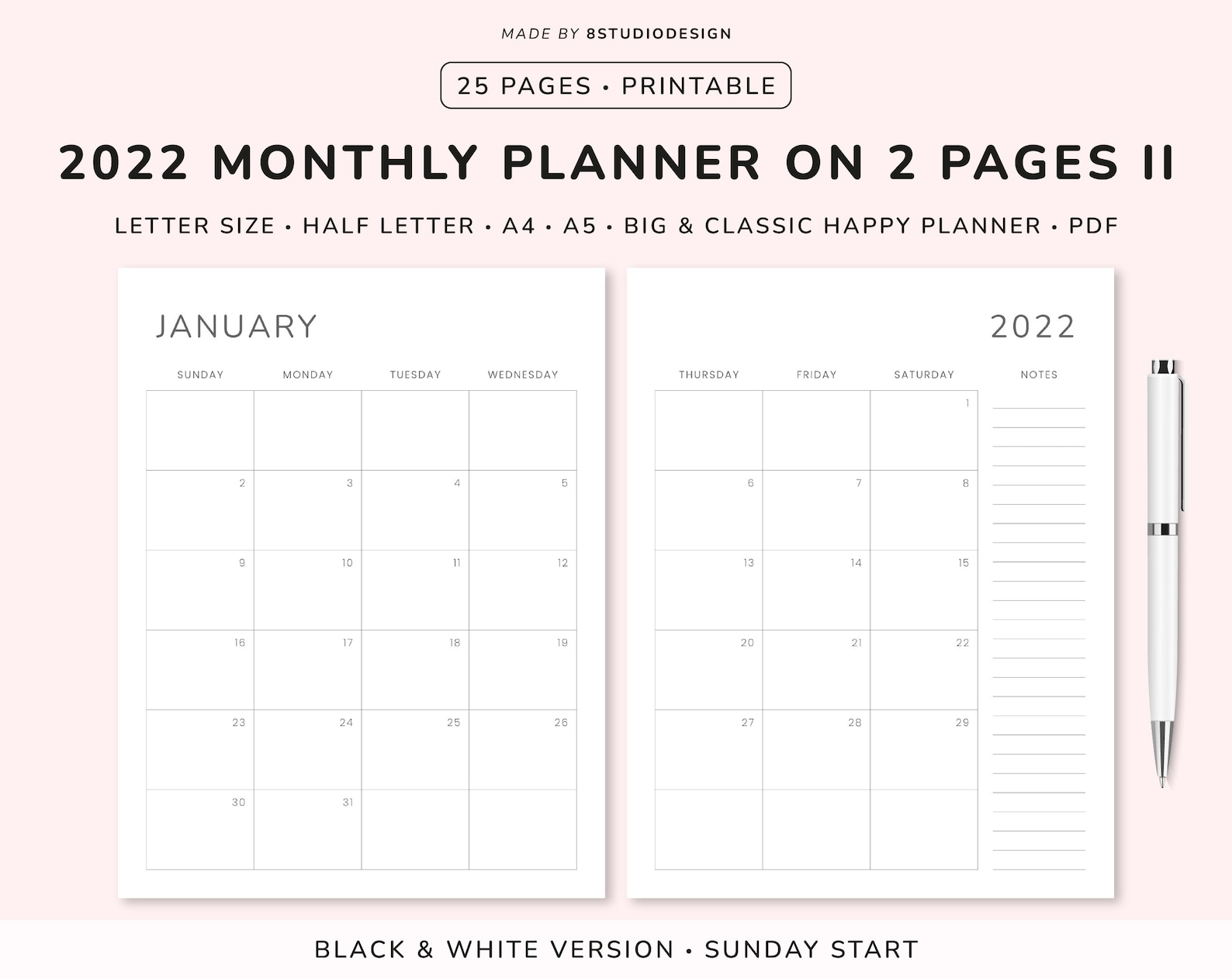 2022 Monthly Planner Printable, Dated Month on 2 Pages, Monthly ...