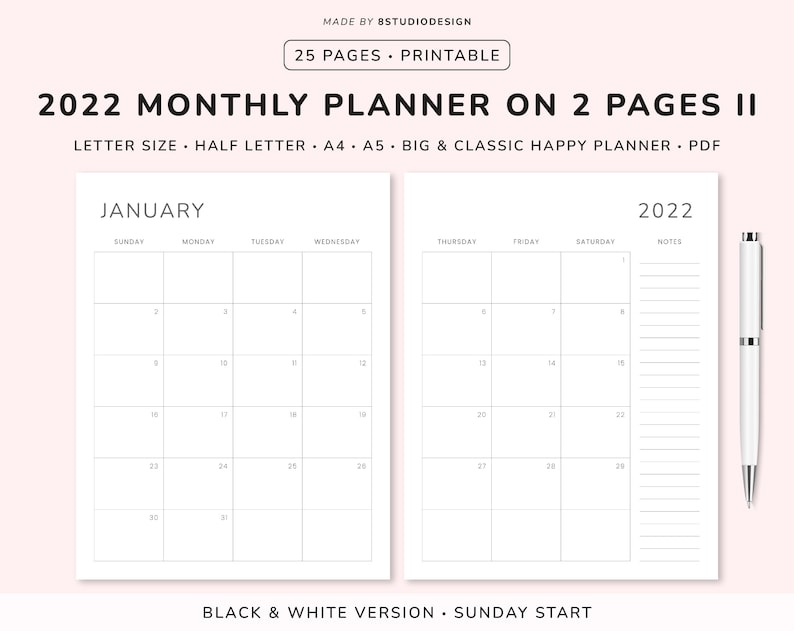 2022 Monthly Planner Printable, Dated Month on 2 Pages, Monthly ...