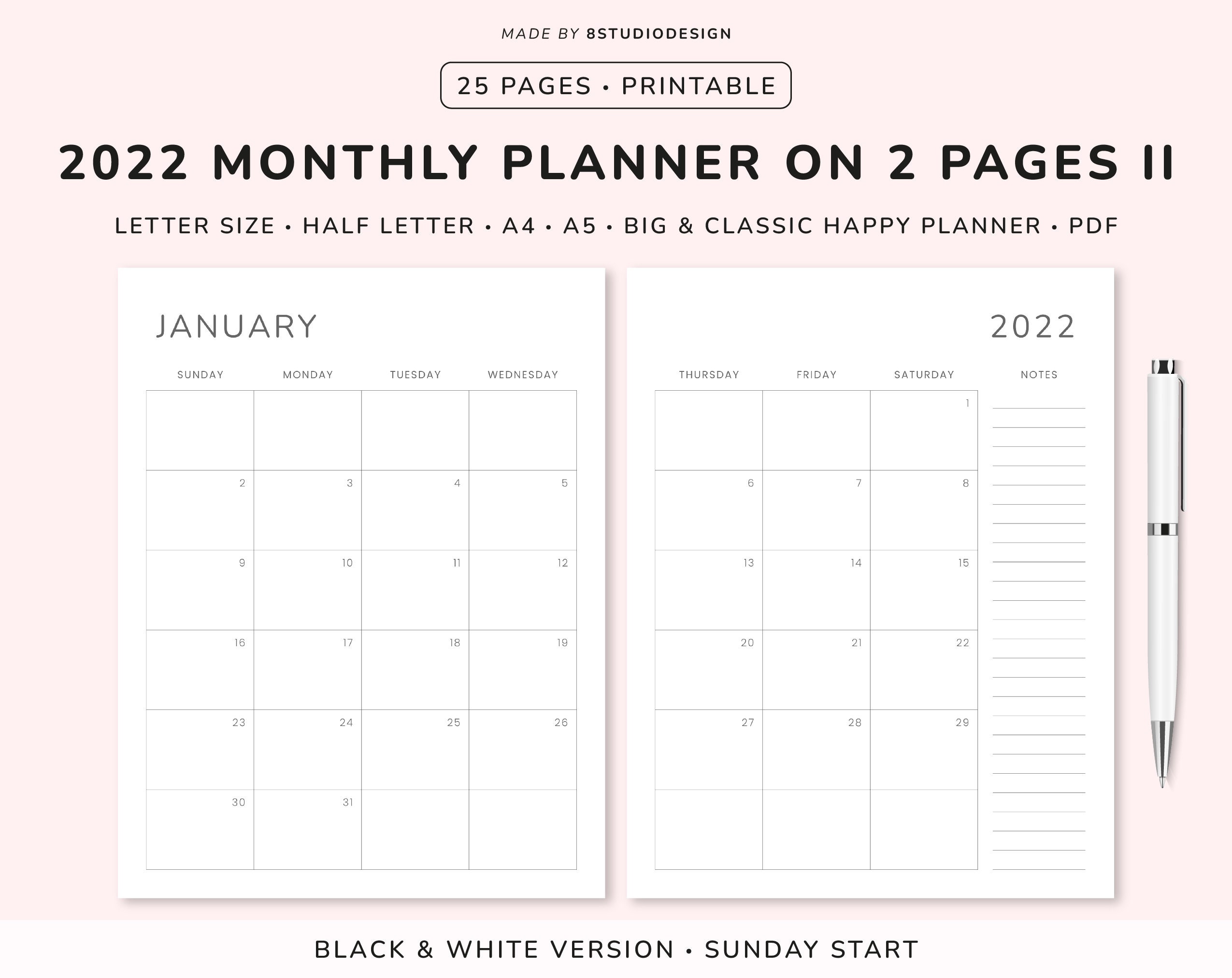 2022 Monthly Planner Printable, Dated Month on 2 Pages, Monthly ...