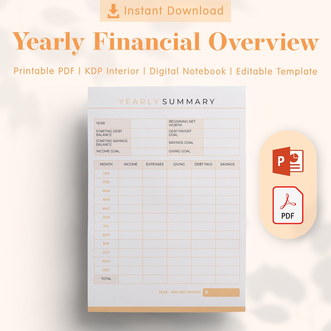 Yearly Financial Overview Printable Template - KDP Interiors Editable ...