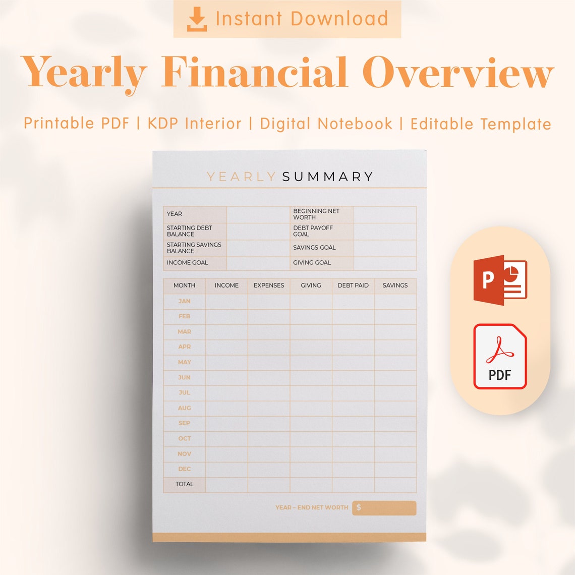 Yearly Financial Overview Printable Template KDP Interiors Editable ...