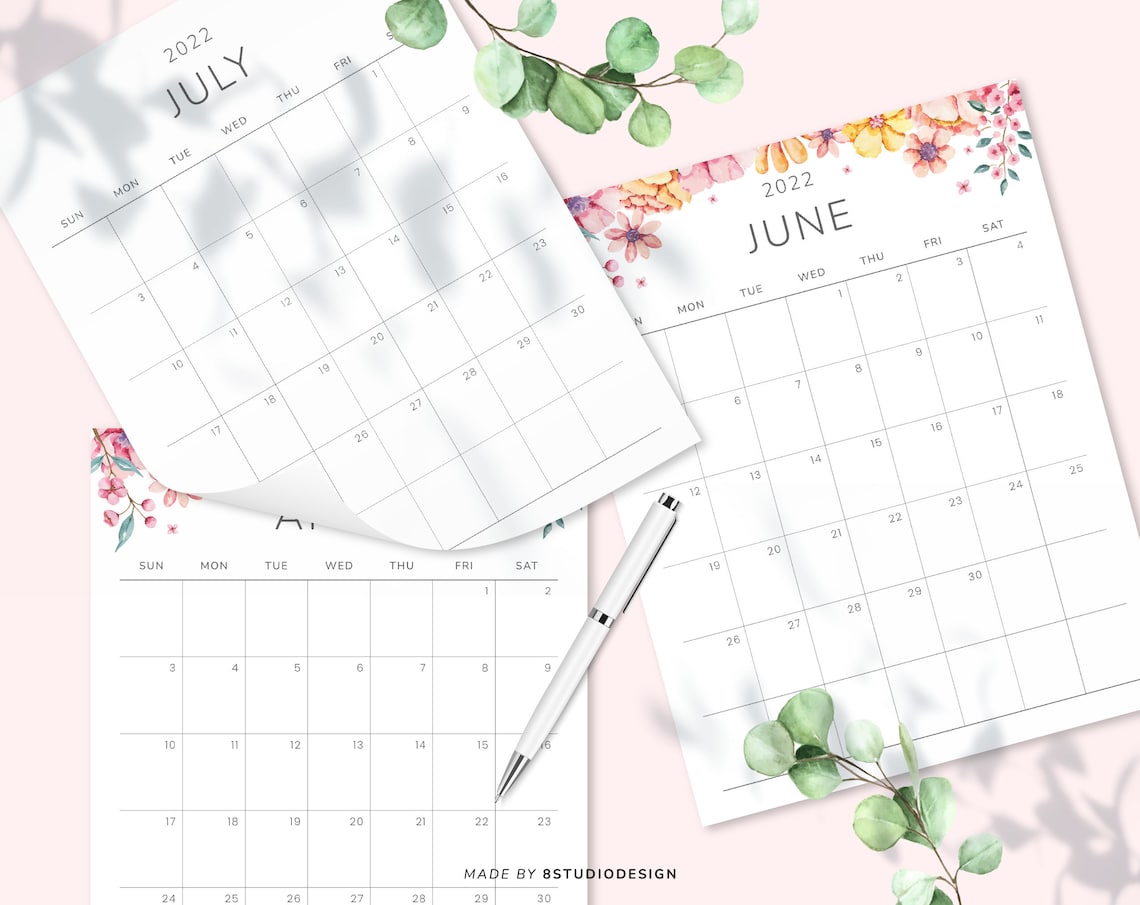 2022 Monthly Calendar Printable, Year Calendar Template, Wall Calendar ...